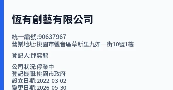 恆有創藝有限公司的照片-統編 90637967(桃園市) 公司登記資料與營業項目詳細圖表