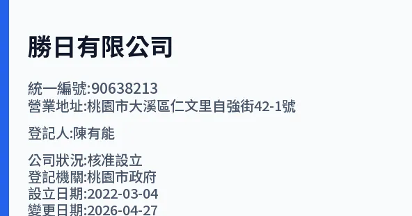 勝日有限公司的照片-統編 90638213(桃園市) 公司登記資料與營業項目詳細圖表