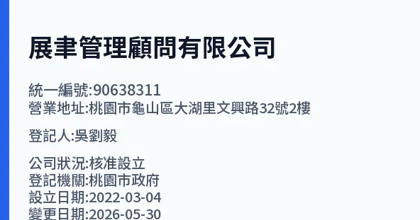 展聿管理顧問有限公司的照片-統編 90638311(桃園市) 公司登記資料與營業項目詳細圖表