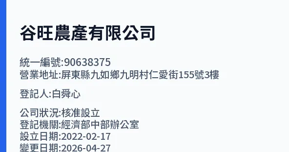 谷旺農產有限公司的照片-統編 90638375(屏東縣) 公司登記資料與營業項目詳細圖表