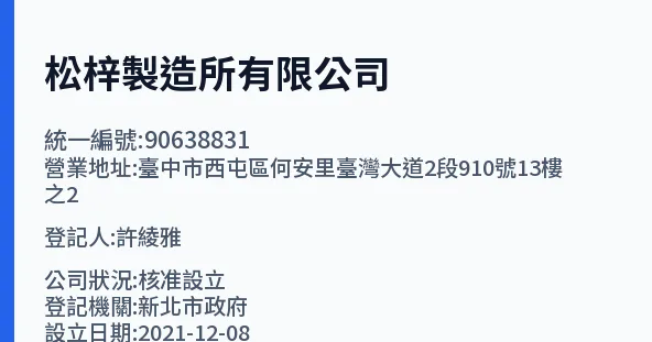 松梓製造所有限公司的照片-統編 90638831(臺中市) 公司登記資料與營業項目詳細圖表