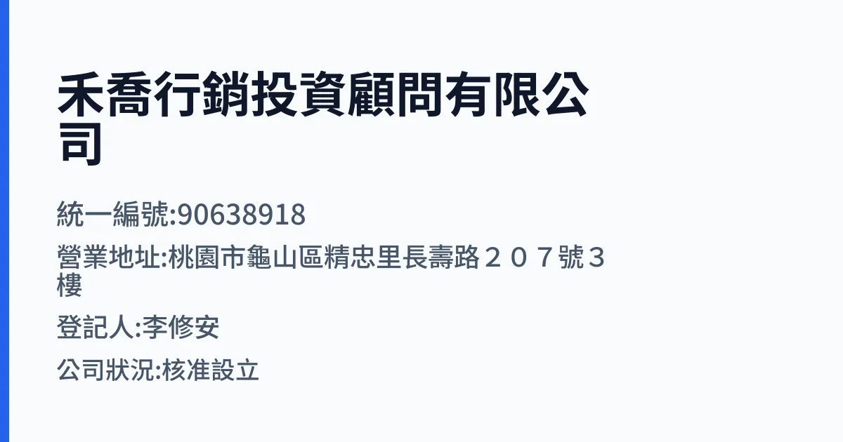 禾喬行銷投資顧問有限公司 - 統編 90638918(桃園市) 公司登記資料與營業項目詳細圖表