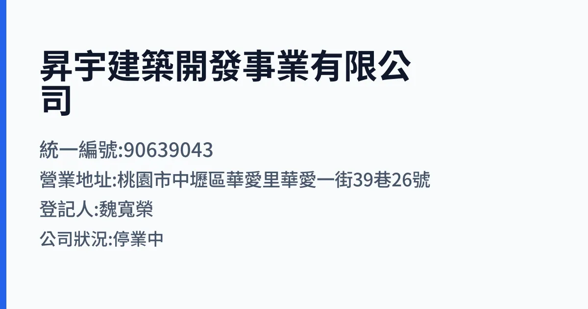 昇宇建築開發事業有限公司 - 統編 90639043(桃園市) 公司登記資料與營業項目詳細圖表