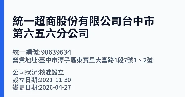 統一超商股份有限公司台中市第六五六分公司的照片-統編 90639634(臺中市) 公司登記資料與營業項目詳細圖表
