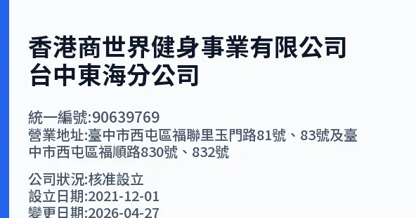 香港商世界健身事業有限公司台中東海分公司的照片-統編 90639769(臺中市) 公司登記資料與營業項目詳細圖表