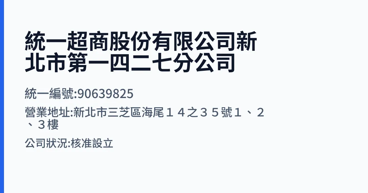 統一超商股份有限公司新北市第一四二七分公司 - 統編 90639825（新北市） 公司登記資料與營業項目詳細圖表