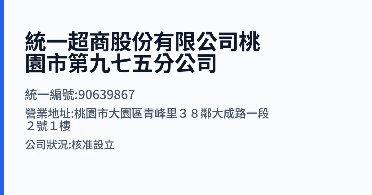 統一超商股份有限公司桃園市第九七五分公司 - 統編 90639867(桃園市) 公司登記資料與營業項目詳細圖表