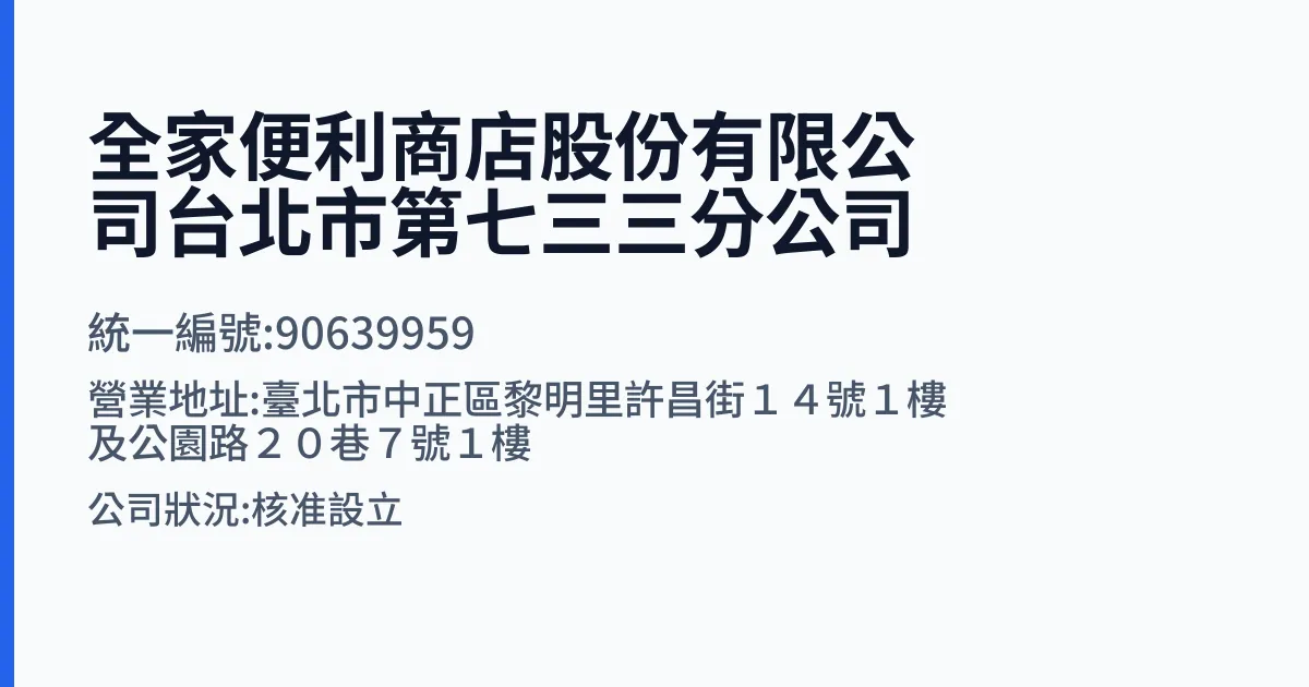 全家便利商店股份有限公司台北市第七三三分公司 - 統編 90639959(臺北市) 公司登記資料與營業項目詳細圖表