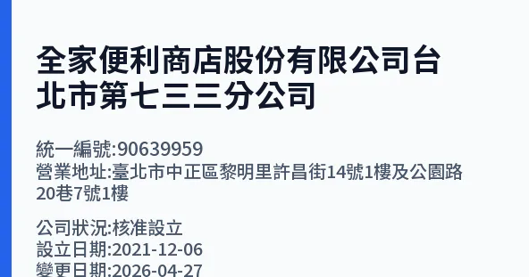 全家便利商店股份有限公司台北市第七三三分公司的照片-統編 90639959(臺北市) 公司登記資料與營業項目詳細圖表