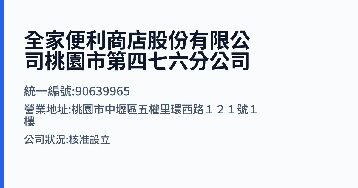 全家便利商店股份有限公司桃園市第四七六分公司 - 統編 90639965(桃園市) 公司登記資料與營業項目詳細圖表