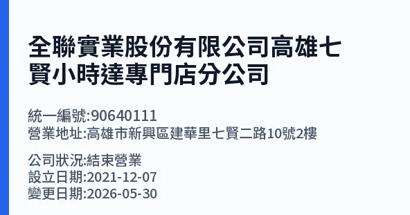 全聯實業股份有限公司高雄七賢小時達專門店分公司的照片-統編 90640111(高雄市) 公司登記資料與營業項目詳細圖表