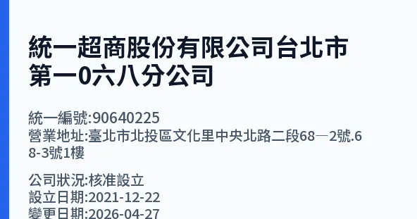 統一超商股份有限公司台北市第一0六八分公司的照片-統編 90640225(臺北市) 公司登記資料與營業項目詳細圖表