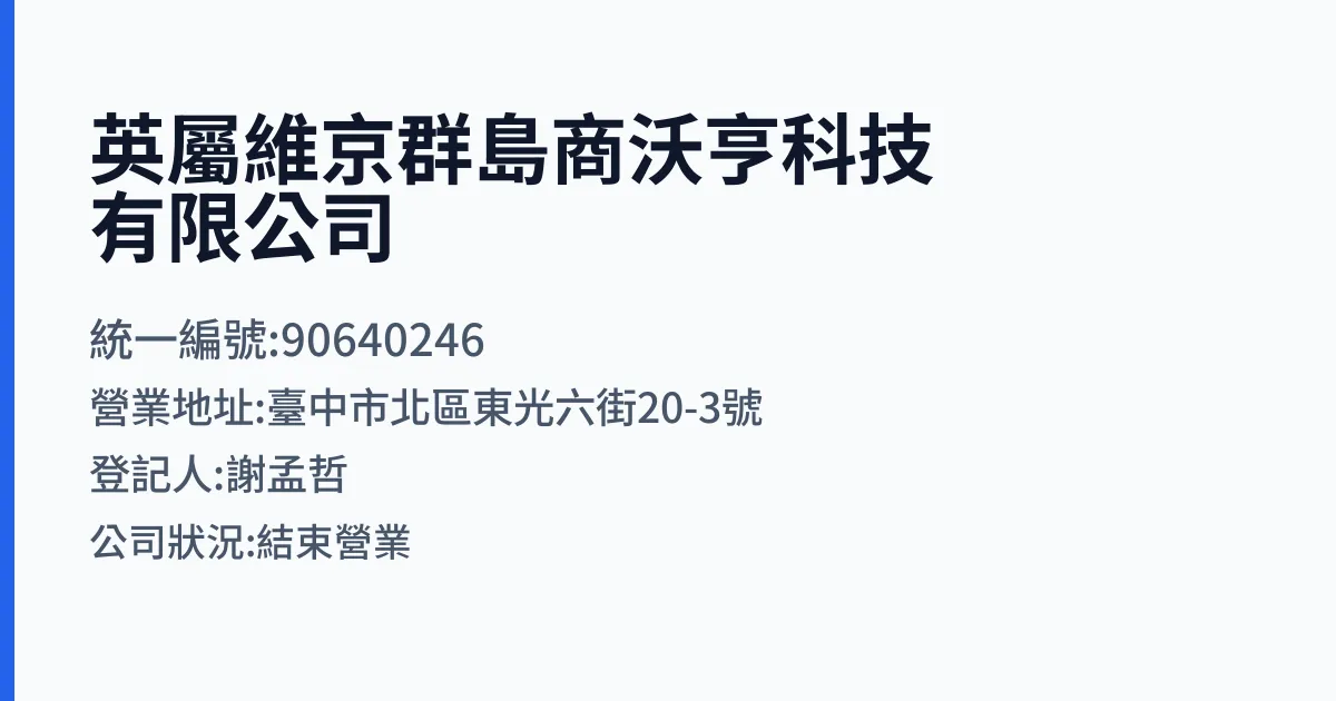 英屬維京群島商沃亨科技有限公司 - 統編 90640246(臺中市) 公司登記資料與營業項目詳細圖表