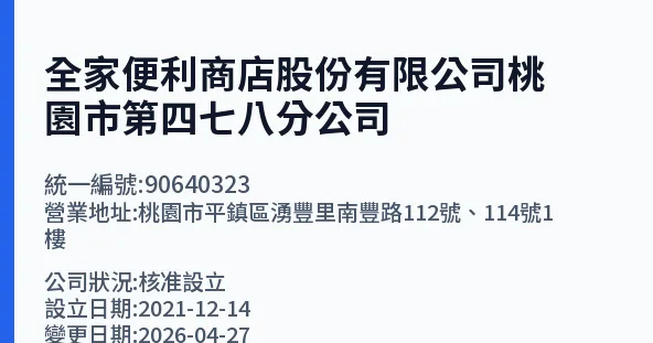 全家便利商店股份有限公司桃園市第四七八分公司的照片-統編 90640323(桃園市) 公司登記資料與營業項目詳細圖表