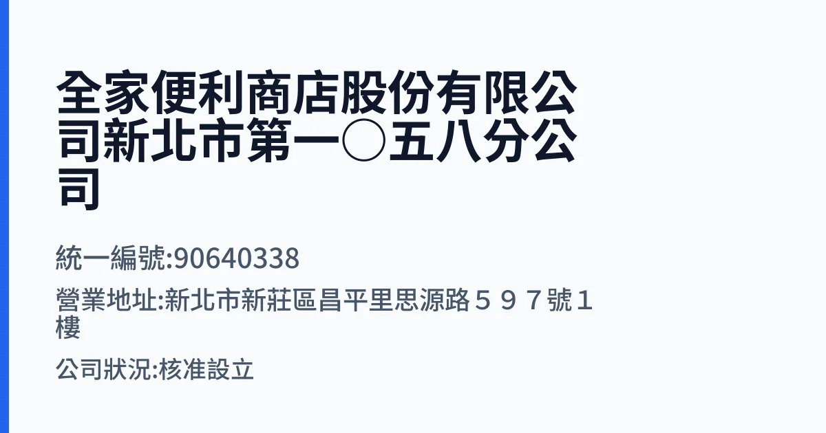 全家便利商店股份有限公司新北市第一○五八分公司 - 統編 90640338(新北市) 公司登記資料與營業項目詳細圖表