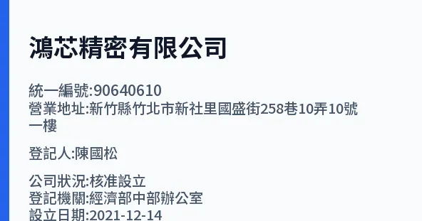 鴻芯精密有限公司的照片-統編 90640610(新竹縣) 公司登記資料與營業項目詳細圖表