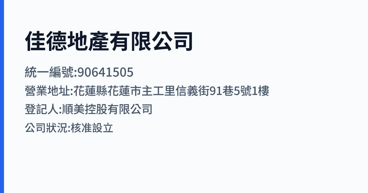 佳德地產有限公司 - 統編 90641505(花蓮縣) 公司登記資料與營業項目詳細圖表