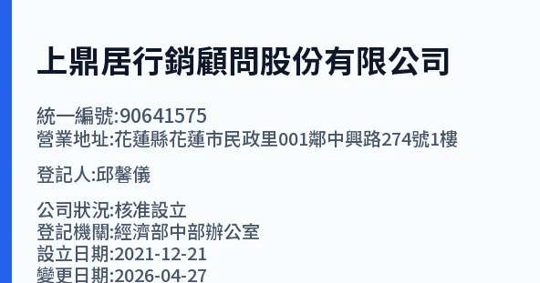上鼎居行銷顧問股份有限公司的照片-統編 90641575(花蓮縣) 公司登記資料與營業項目詳細圖表