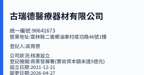 古瑞德醫療器材有限公司的照片-統編 90641673(雲林縣) 公司登記資料與營業項目詳細圖表