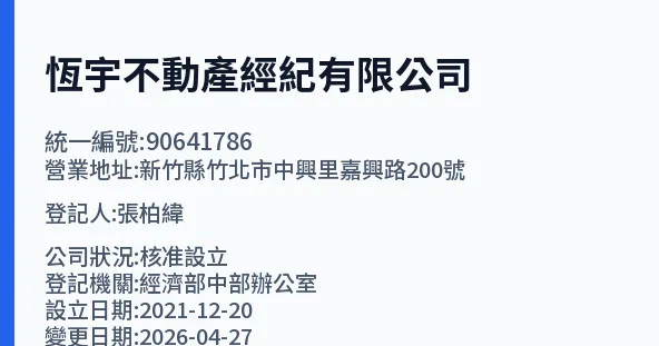 恆宇不動產經紀有限公司的照片-統編 90641786(新竹縣) 公司登記資料與營業項目詳細圖表