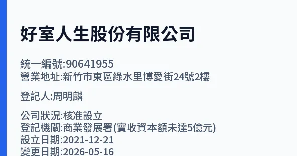好室人生股份有限公司的照片-統編 90641955(新竹市) 公司登記資料與營業項目詳細圖表
