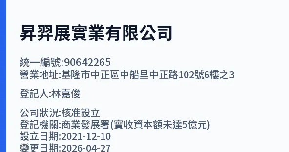 昇羿展實業有限公司的照片-統編 90642265(基隆市) 公司登記資料與營業項目詳細圖表