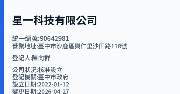 星一科技有限公司的照片-統編 90642981(臺中市) 公司登記資料與營業項目詳細圖表