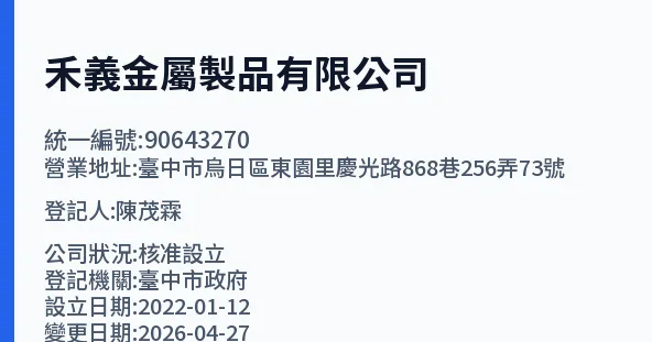 禾義金屬製品有限公司的照片-統編 90643270(臺中市) 公司登記資料與營業項目詳細圖表