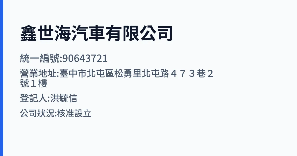 鑫世海汽車有限公司 - 統編 90643721(臺中市) 公司登記資料與營業項目詳細圖表