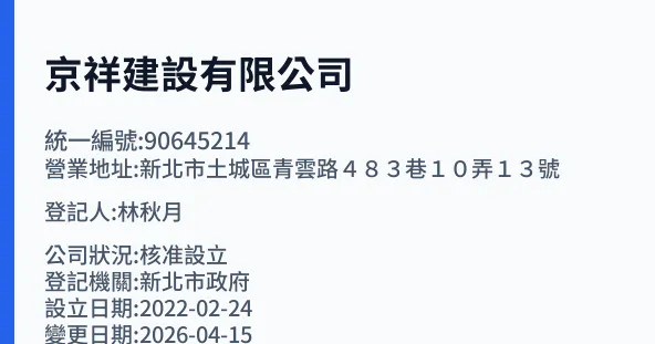 京祥建設有限公司的照片-統編 90645214(新北市) 公司登記資料與營業項目詳細圖表