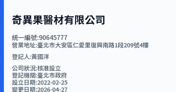 奇異果醫材有限公司的照片-統編 90645777(臺北市) 公司登記資料與營業項目詳細圖表