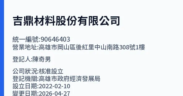 吉鼎材料股份有限公司的照片-統編 90646403(高雄市) 公司登記資料與營業項目詳細圖表