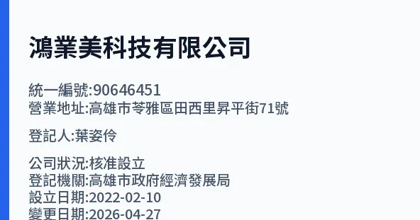鴻業美科技有限公司的照片-統編 90646451(高雄市) 公司登記資料與營業項目詳細圖表
