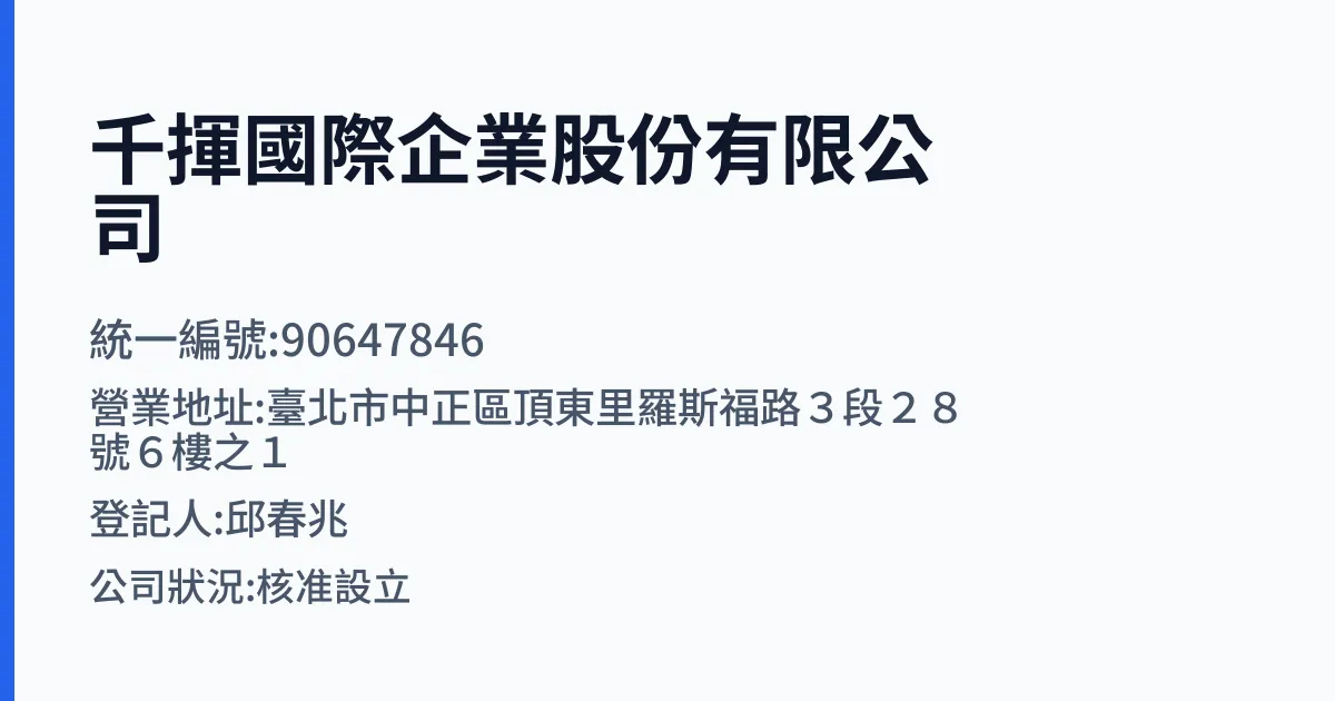 千揮國際企業股份有限公司 - 統編 90647846(臺北市) 公司登記資料與營業項目詳細圖表