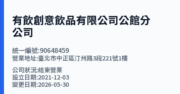有飲創意飲品有限公司公館分公司的照片-統編 90648459(臺北市) 公司登記資料與營業項目詳細圖表