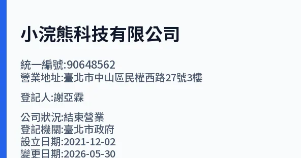 小浣熊科技有限公司的照片-統編 90648562(臺北市) 公司登記資料與營業項目詳細圖表