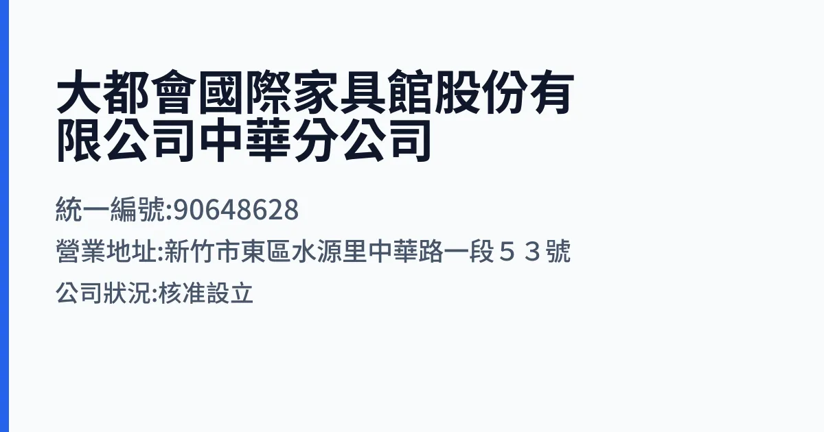 大都會國際家具館股份有限公司中華分公司 - 統編 90648628(新竹市) 公司登記資料與營業項目詳細圖表