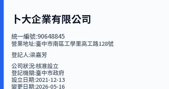 卜大企業有限公司的照片-統編 90648845(臺中市) 公司登記資料與營業項目詳細圖表