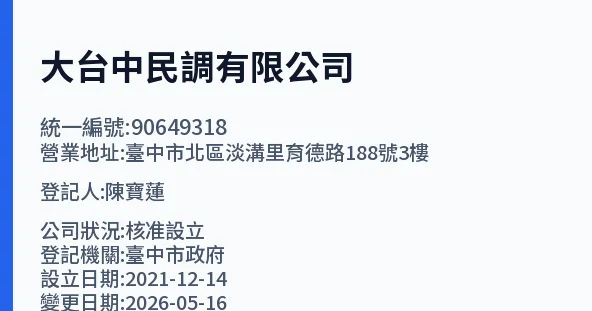大台中民調有限公司的照片-統編 90649318(臺中市) 公司登記資料與營業項目詳細圖表