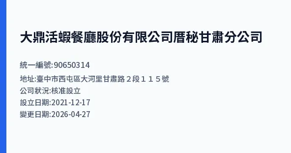 大鼎活蝦餐廳股份有限公司厝秘甘肅分公司的照片-統編 90650314(臺中市) 公司登記資料與營業項目詳細圖表