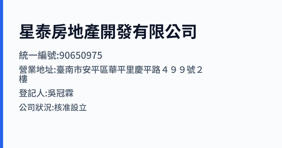 星泰房地產開發有限公司 - 統編 90650975(臺南市) 公司登記資料與營業項目詳細圖表