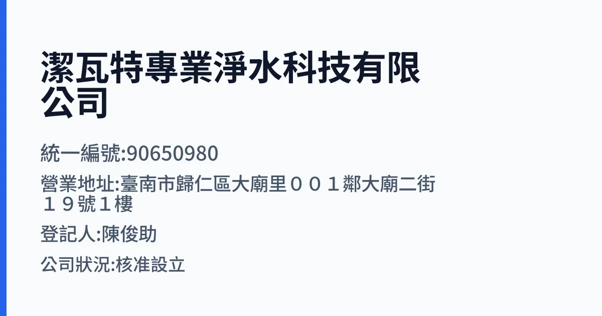 潔瓦特專業淨水科技有限公司 - 統編 90650980（臺南市） 公司登記資料與營業項目詳細圖表