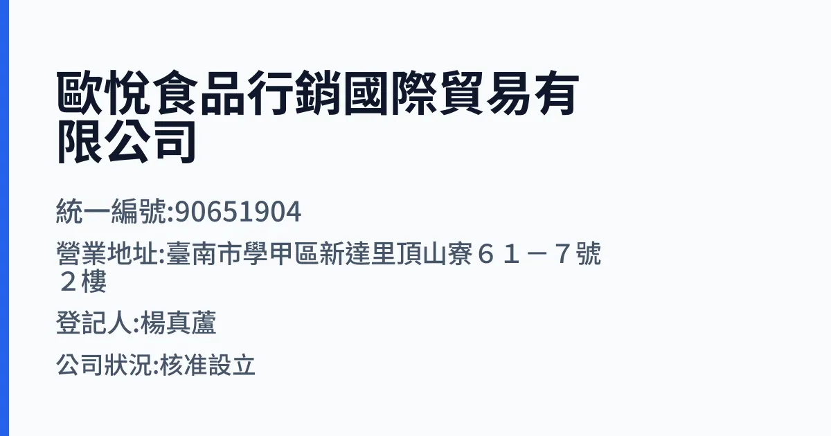 歐悅食品行銷國際貿易有限公司 - 統編 90651904(臺南市) 公司登記資料與營業項目詳細圖表