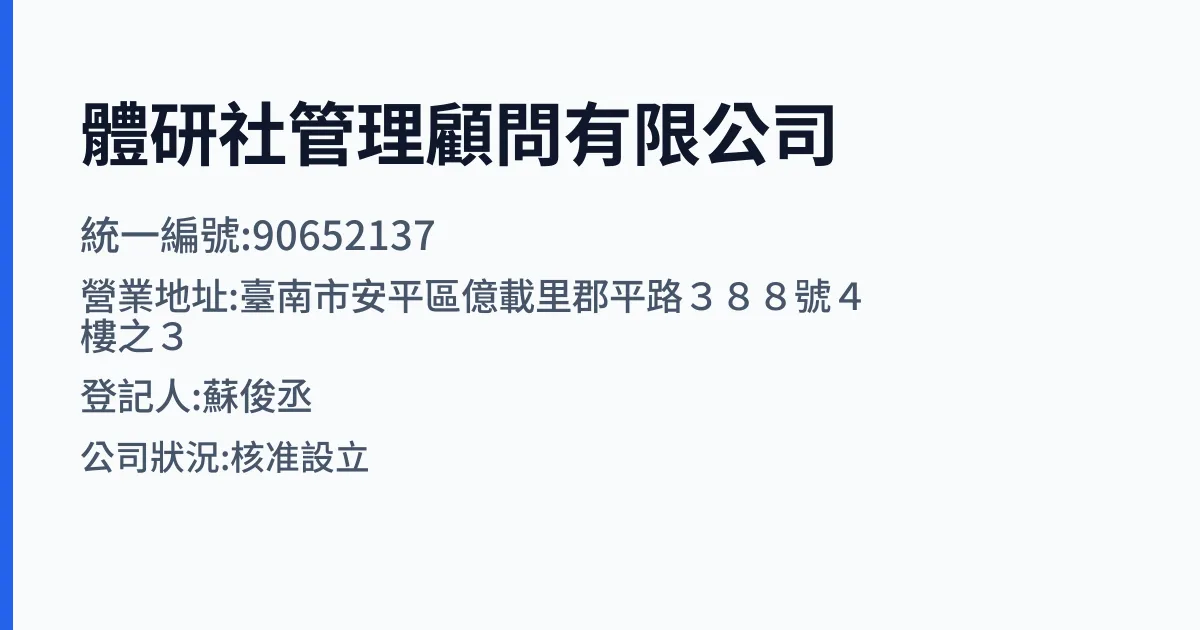 體研社管理顧問有限公司 - 統編 90652137 (臺南市) 公司登記資料與營業項目詳細圖表