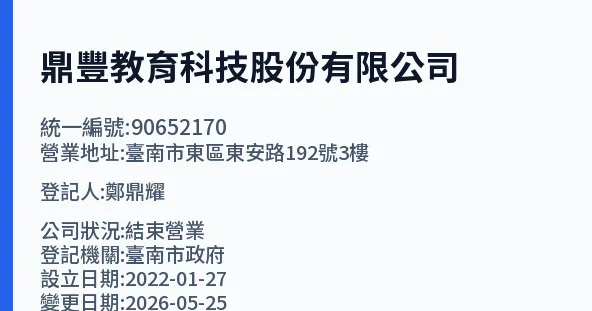 鼎豐教育科技股份有限公司的照片-統編 90652170(臺南市) 公司登記資料與營業項目詳細圖表