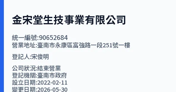 金宋堂生技事業有限公司的照片-統編 90652684(臺南市) 公司登記資料與營業項目詳細圖表
