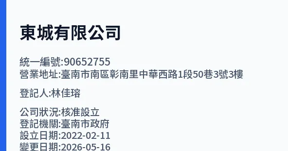 東城有限公司的照片-統編 90652755(臺南市) 公司登記資料與營業項目詳細圖表