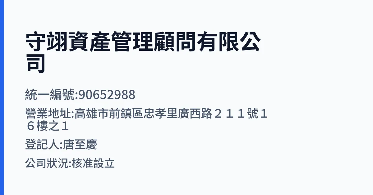 守翊資產管理顧問有限公司 - 統編 90652988(高雄市) 公司登記資料與營業項目詳細圖表