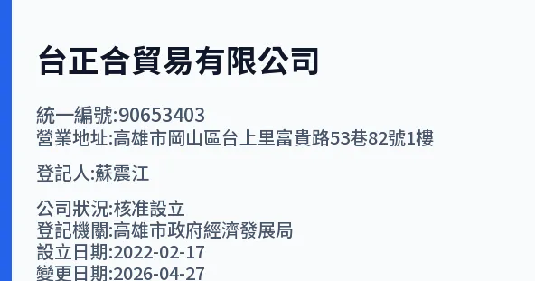 台正合貿易有限公司的照片-統編 90653403(高雄市) 公司登記資料與營業項目詳細圖表
