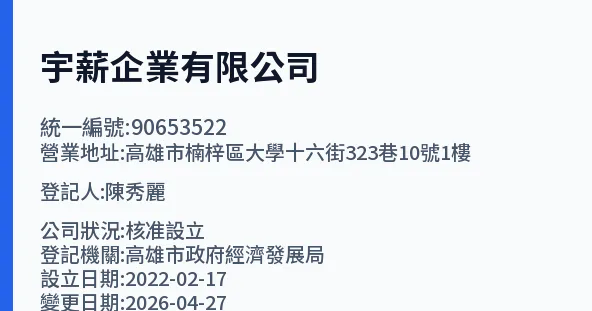 宇薪企業有限公司的照片-統編 90653522(高雄市) 公司登記資料與營業項目詳細圖表